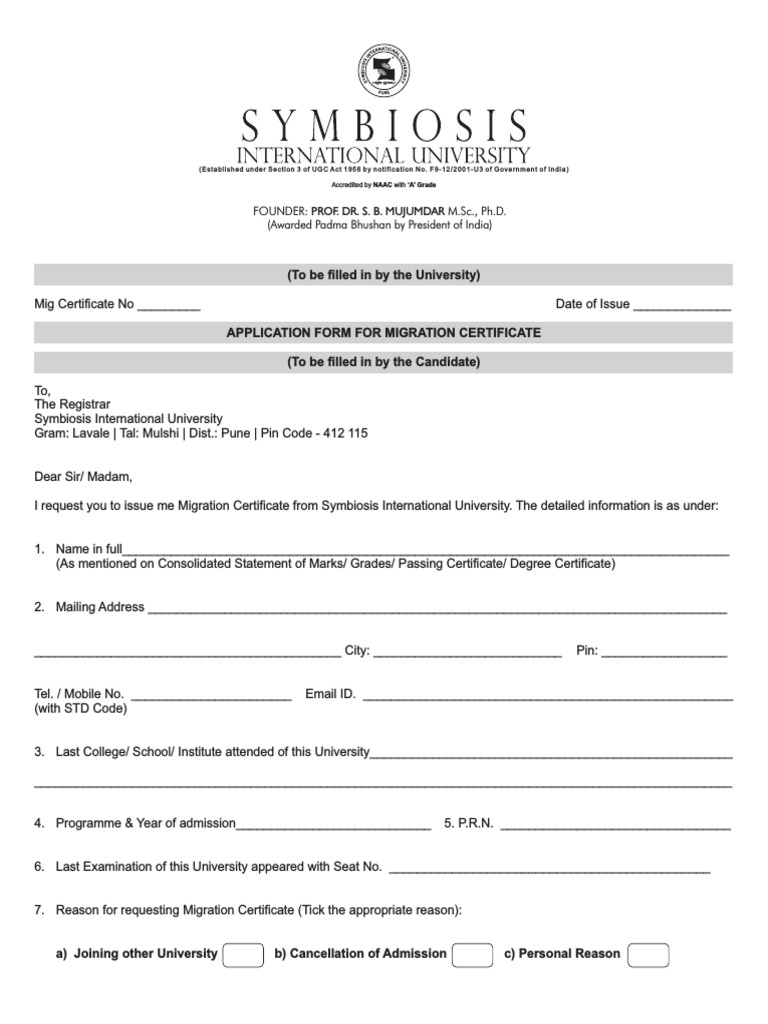 Form For Migration Certificate | PDF