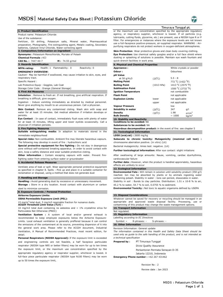 MSDS KCL - 1lbr (Inggris) | PDF | Water | Potassium Chloride