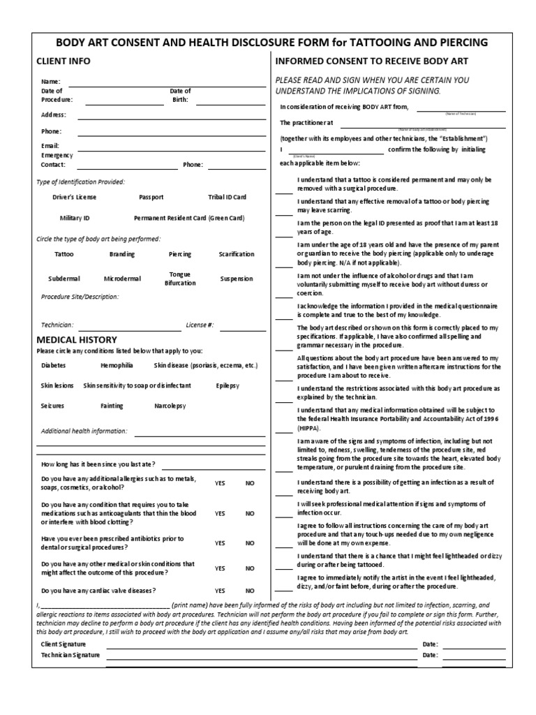Body Art Consent and Health Disclosure Form For Tattooing and Piercing ...