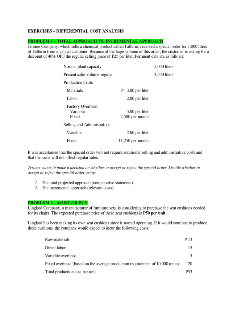 Exercises Differential Cost Analysis Relevant Costing | PDF | Cost Of Goods Sold | Paper