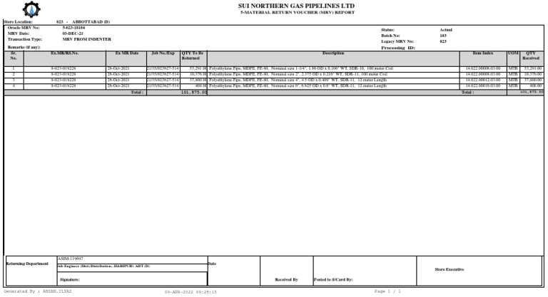 Processing ID:: 5-Material Return Voucher (MRV) Report | PDF