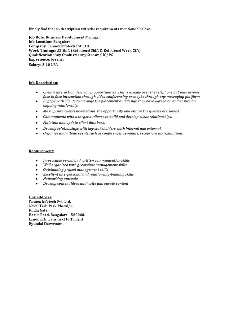 Job Description - Business Development Manager | PDF | Career & Growth