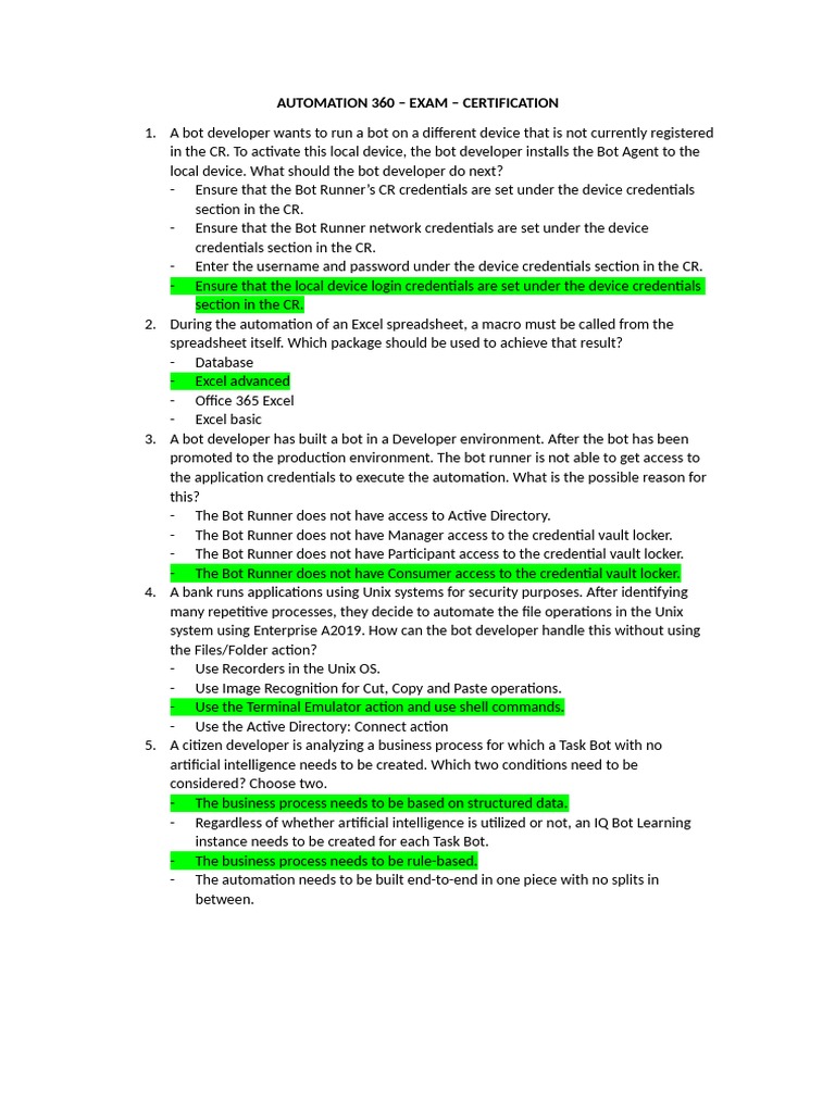 Automation 360 - Exam - Certification | PDF | Microsoft Excel ...
