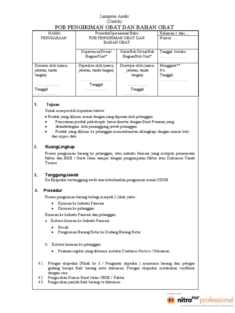 Lampiran 4.9 Contoh POB Pengiriman Obat Dan Atau Bahan Obat | PDF