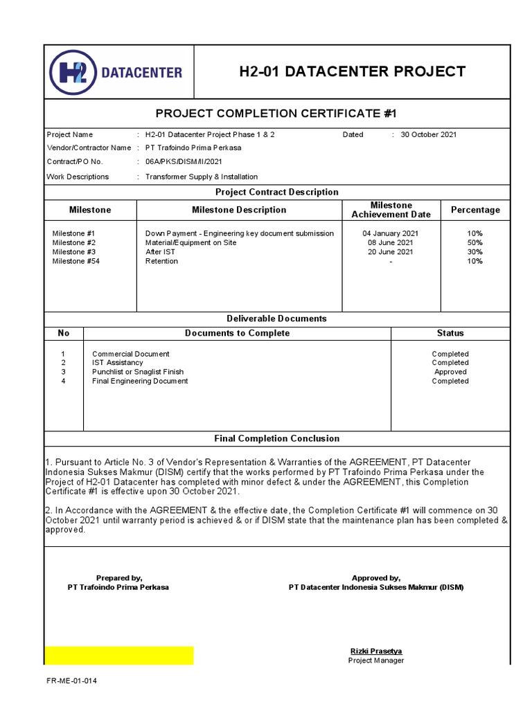 H2-01 Datacenter Completion Certificate | PDF | Common Law | Consent