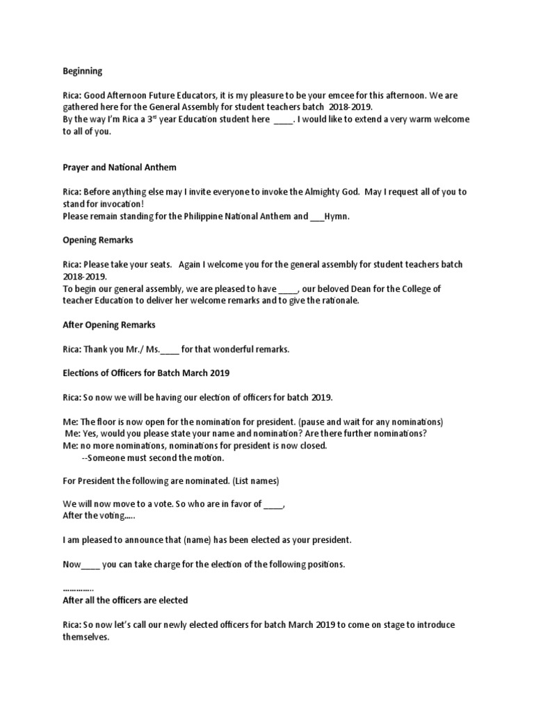 Emcee-Script For Election of Officers | PDF | Prayer