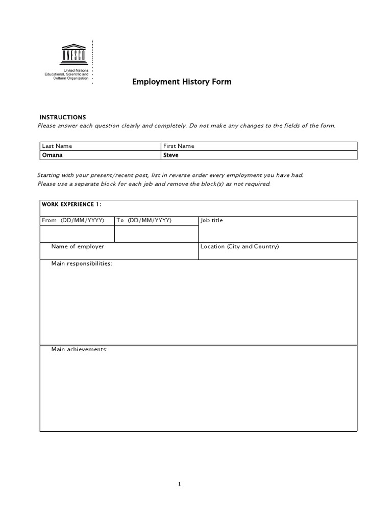 Employment History Form: Work Experience 1 | PDF