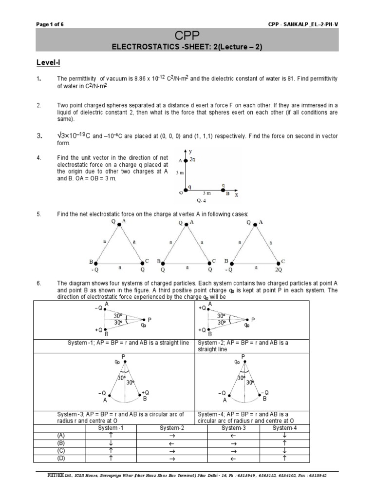 ELECTROSTATICS - SHEET: 2 (Lecture - 2) Level-I: Page 1 of 6 CPP - Sankalp - El-2-Ph-V | PDF ...
