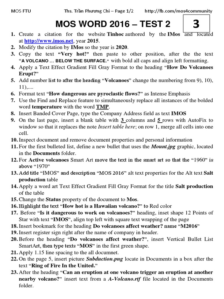 Câu hỏi MOS Word 2016 Test 2 | PDF | Paragraph | Volcano