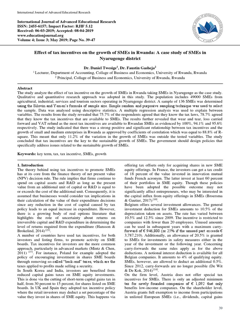 Effect of Tax Incentives On The Growth of Smes in Rwanda: A Case Study of Smes in Nyarugenge ...