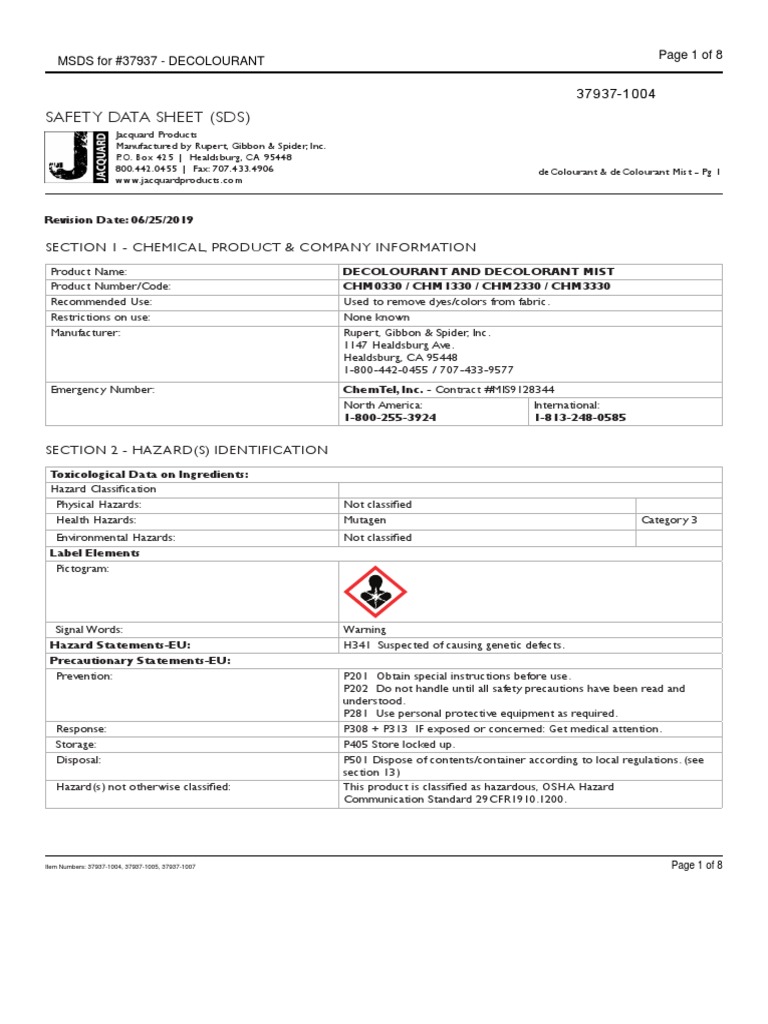 Safety Data Sheet (SDS) : Page 1 of 8 MSDS For #37937 - DECOLOURANT | PDF | Dangerous Goods ...