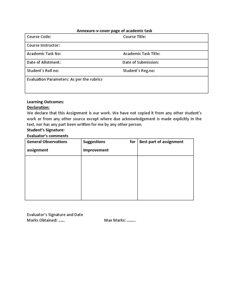 Annexure-V-Cover Page of Academic Task | PDF | Teachers | Educational ...