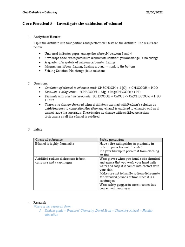 Core Practical 5 - Investigate The Oxidation of Ethanol | PDF ...