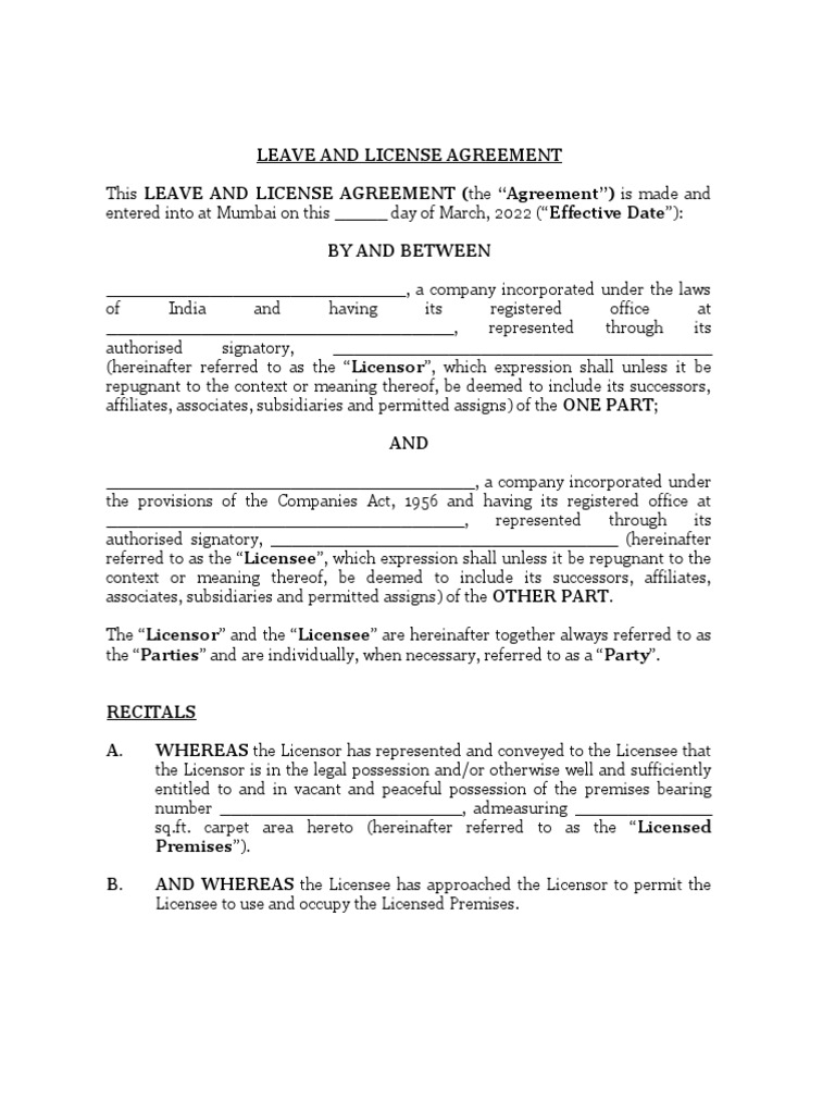 Draft of Leave and License Agreement - MKDLGL@08.08.2022 | PDF ...