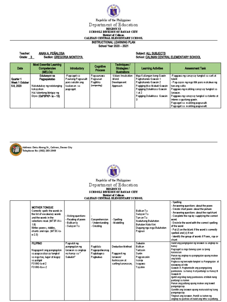 INSTRUCTIONAL LEARNING PLAN ALL SUBJECT Week 1 | PDF