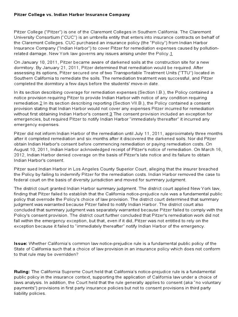 Pitzer College vs. Indian Harbor Insurance Company | PDF | Summary ...