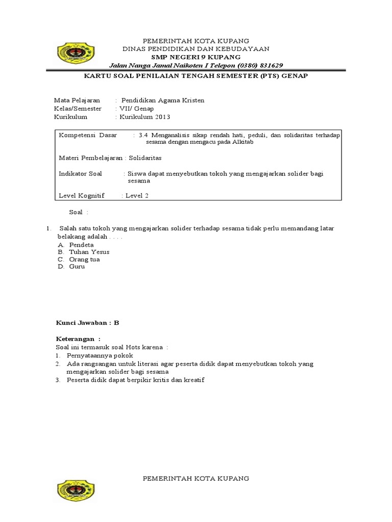 Soal PTS Agama Kristen Kelas VII | PDF | Kesehatan Holistik | Sains & Matematika