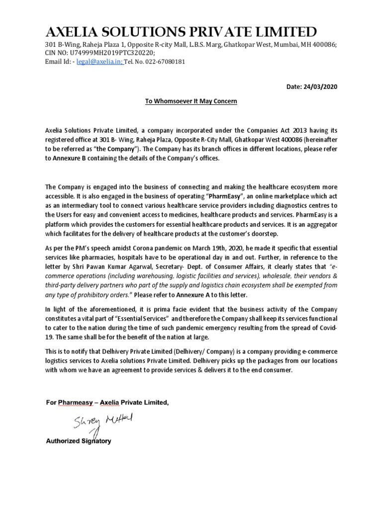 Axelia Solutions Private Limited | PDF | Delivery (Commerce) | Health Care