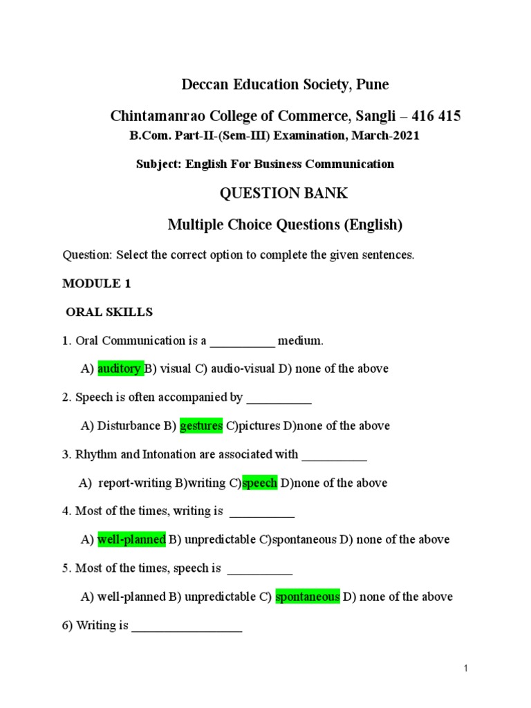 BCom II Comp. English Question Bank | PDF | Human Communication | Linguistics