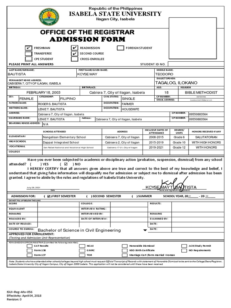 Application for Admission to Isabela State University for Freshman ...
