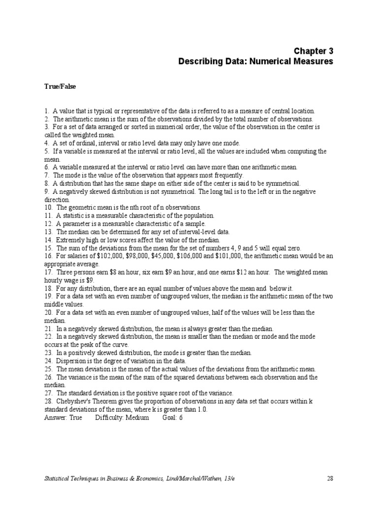 Describing Data: Numerical Measures: True/False | PDF | Mean | Median