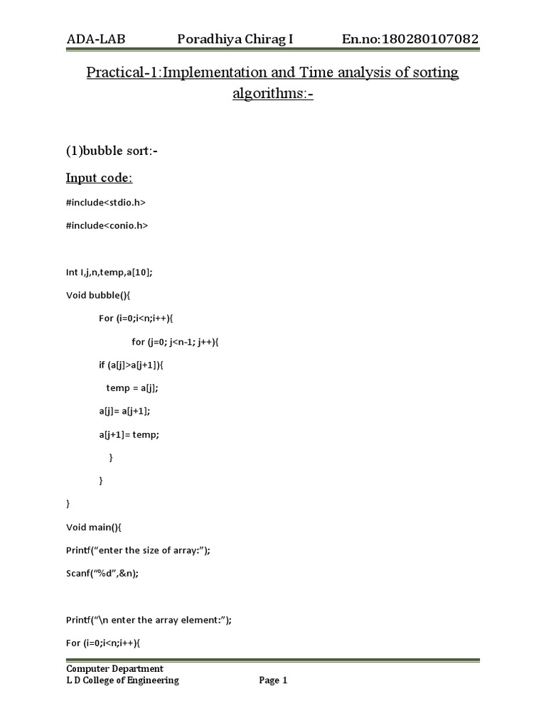 Practical-1:Implementation and Time Analysis of Sorting Algorithms | Download Free PDF ...