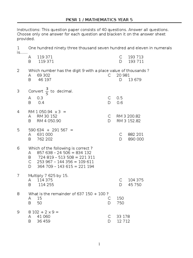 PKSR 1 / Mathematics Year 5 | PDF | Numbers | Mathematics