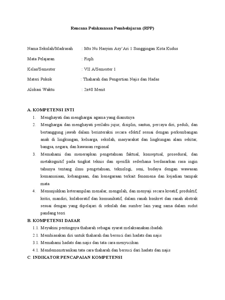 RPP Fiqih 7a Thaharah | PDF | Sains & Matematika | Agama & Spiritualitas