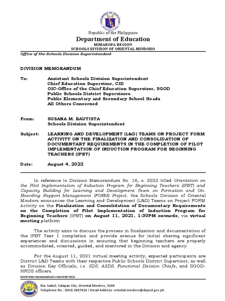Division Memo IPBT Completion | PDF | Memorandum | Teachers