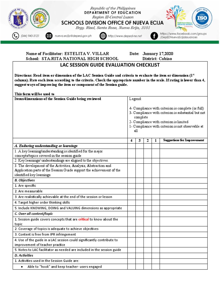 Template 7 - Session Guide Evaluation Checklist | PDF | Evaluation ...