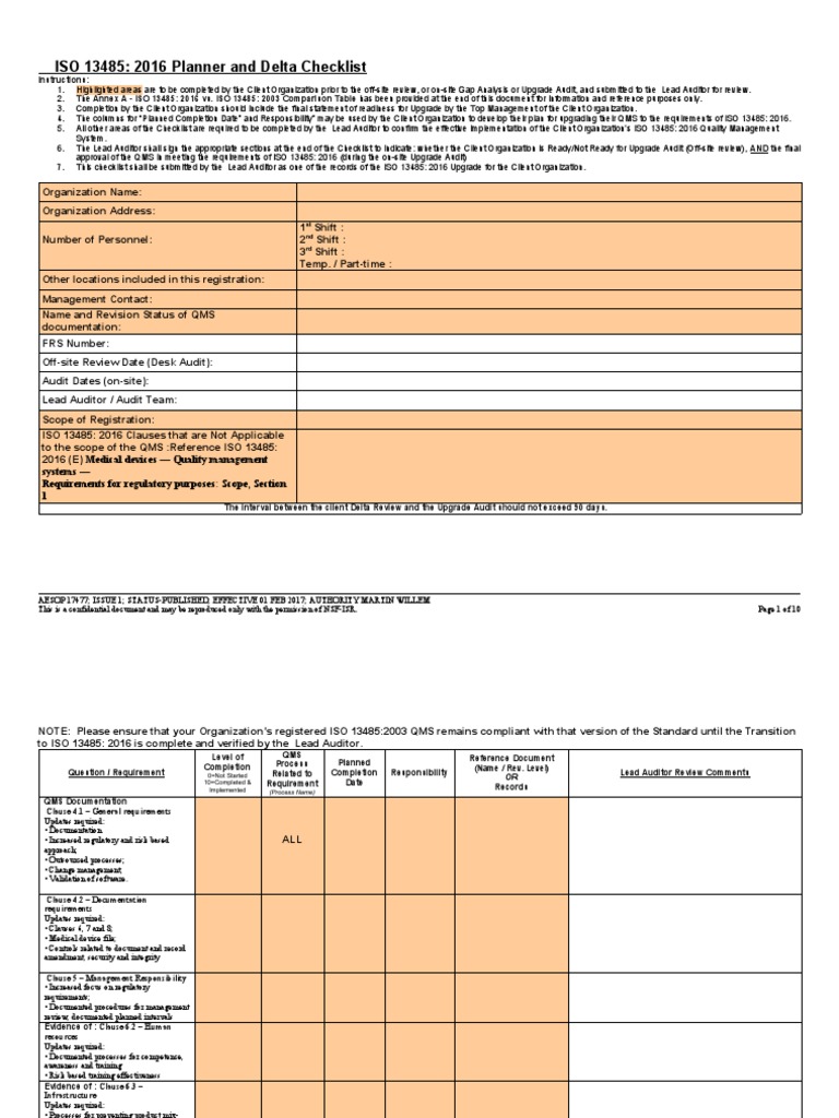 ISO 13485: 2016 Planner and Delta Checklist: Instructions | Descargar ... ISO 13485: 2016 Planner and Delta Checklist: Instructions | Descargar ...