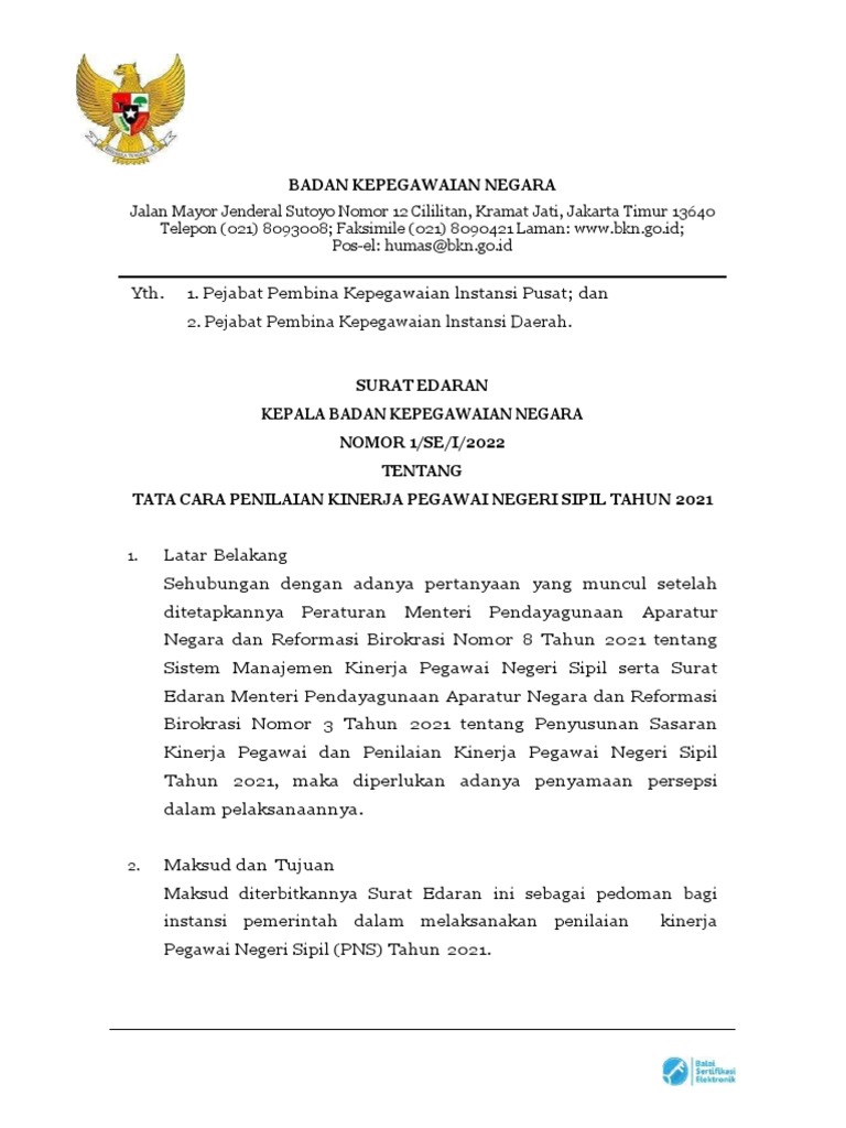 SE TATA CARA PENILAIAN KINERJA PEGAWAI NEGERI SIPIL TAHUN 2021-Dikonversi | PDF