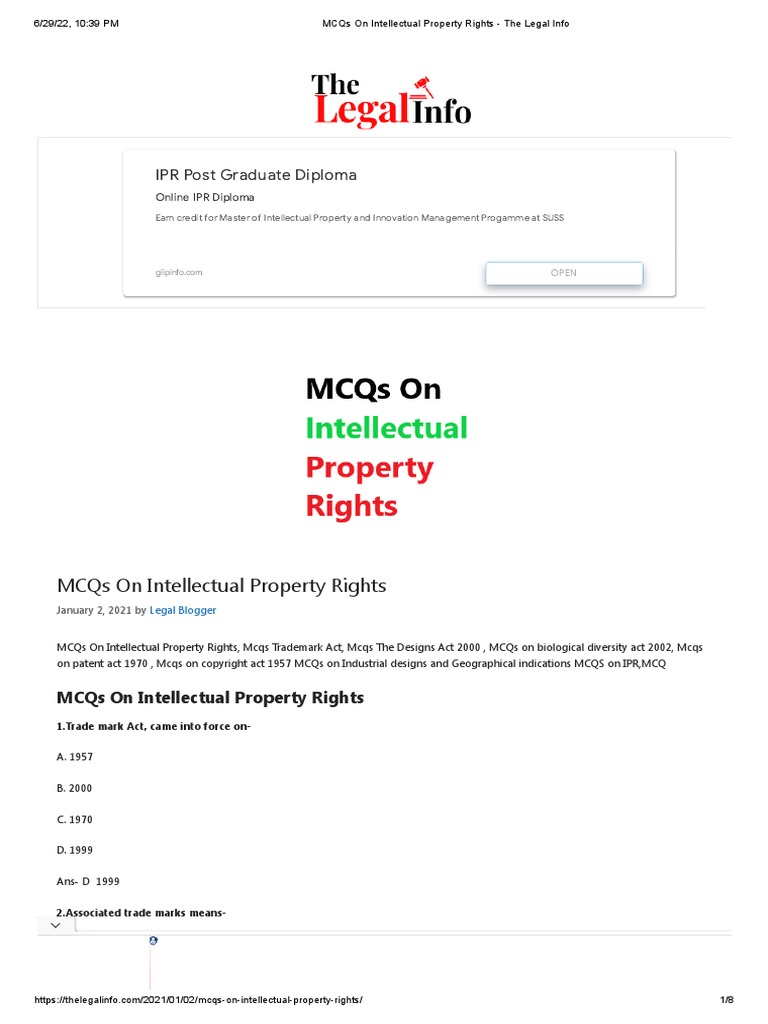 MCQs On Intellectual Property Rights - The Legal Info | PDF | Patent ...