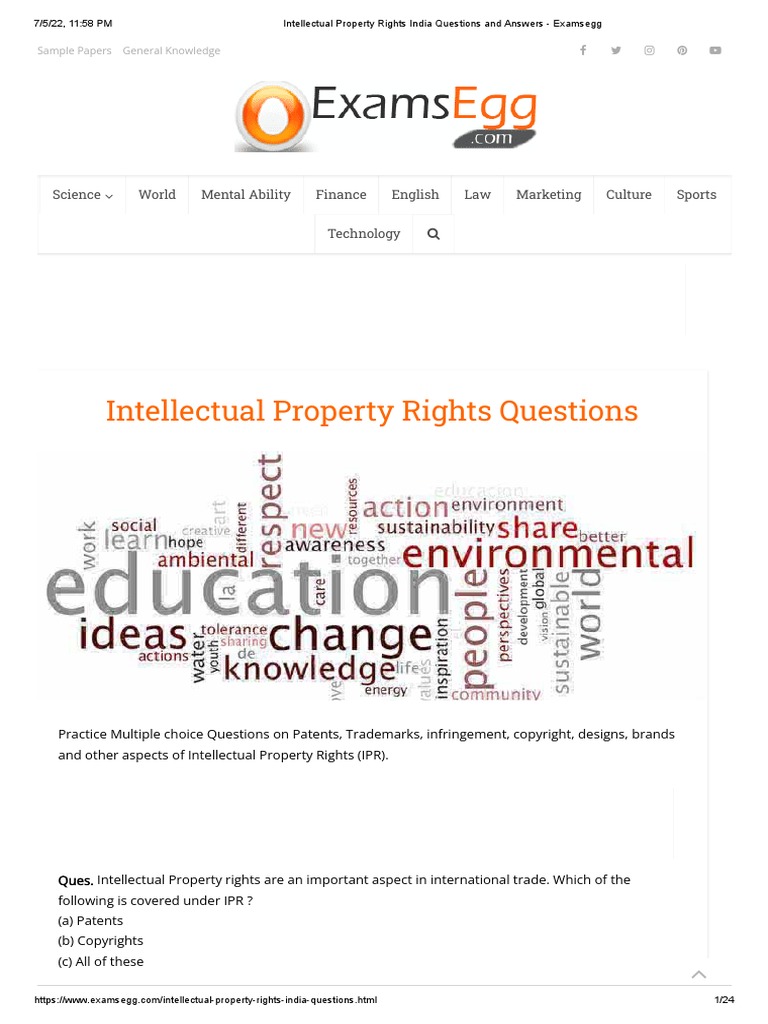 Intellectual Property Rights India Questions and Answers - Examsegg ...
