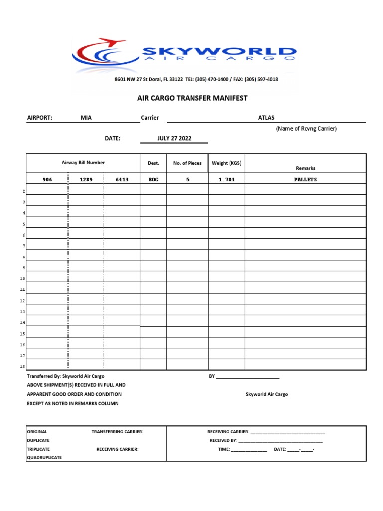 Air Cargo Transfer Manifest Example | PDF