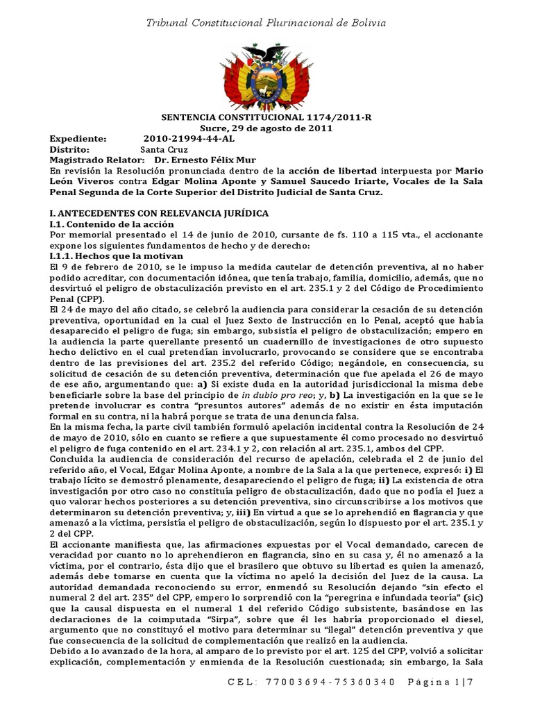 SCP 1174 2011 Un Solo Riesgo Procesal | PDF | Mandato | Caso de ley