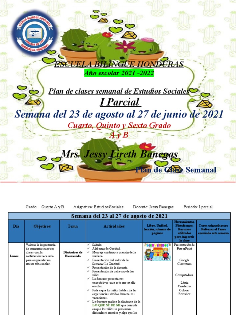 Plan de Clase 1 Del 23 Al 27 de Agosto Estudios Sociales Miss Jessy ...
