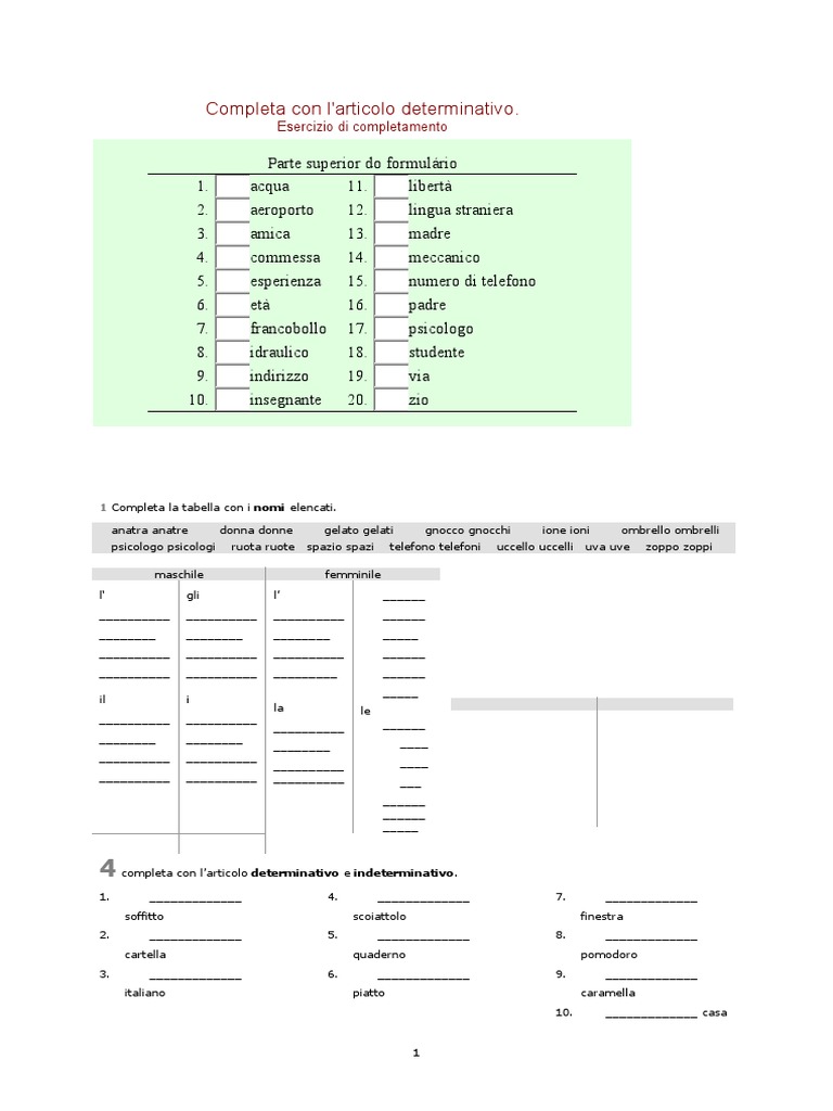 Completa Con L' Articolo Determinativo | PDF