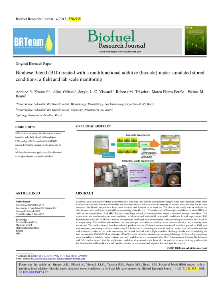 Biodiesel Blend (B10) Treated With A Multifunctional Additive (Biocide ...