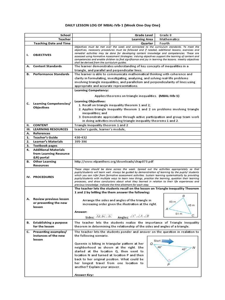 Daily Lesson Log of M8Al-Ivb-1 (Week One-Day One) : Answer Key | PDF ...