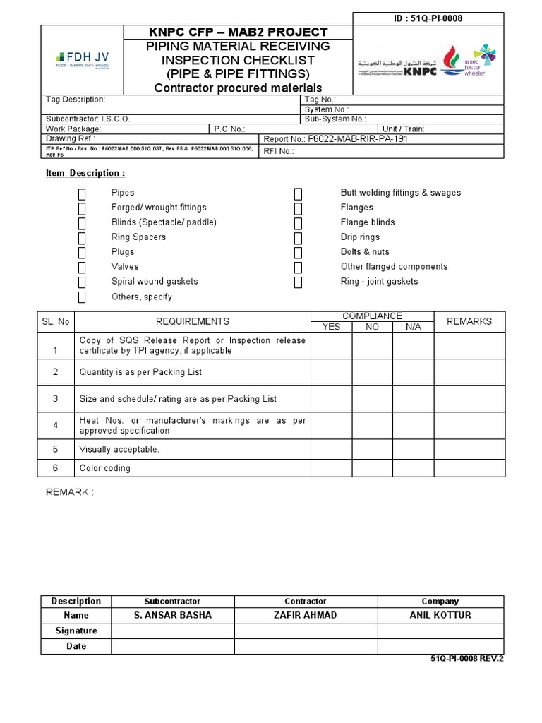 Piping Material Receiving Inspection Checklist | PDF | Pipe (Fluid ...