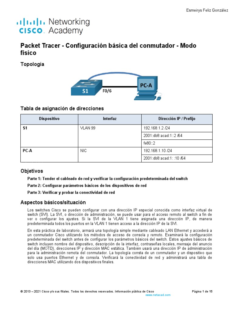 1.1.7 Packet Tracer - Basic Switch Configuration - Physical Mode | PDF ...