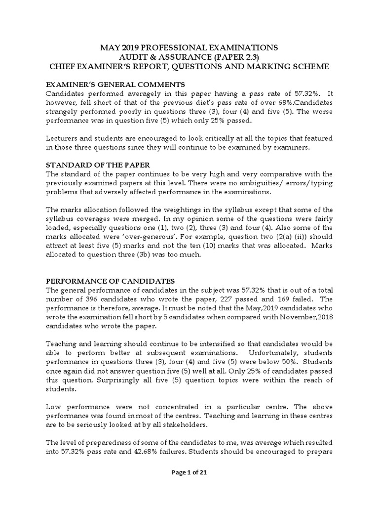 May 2019 Professional Examinations Audit & Assurance (Paper 2.3) Chief ...