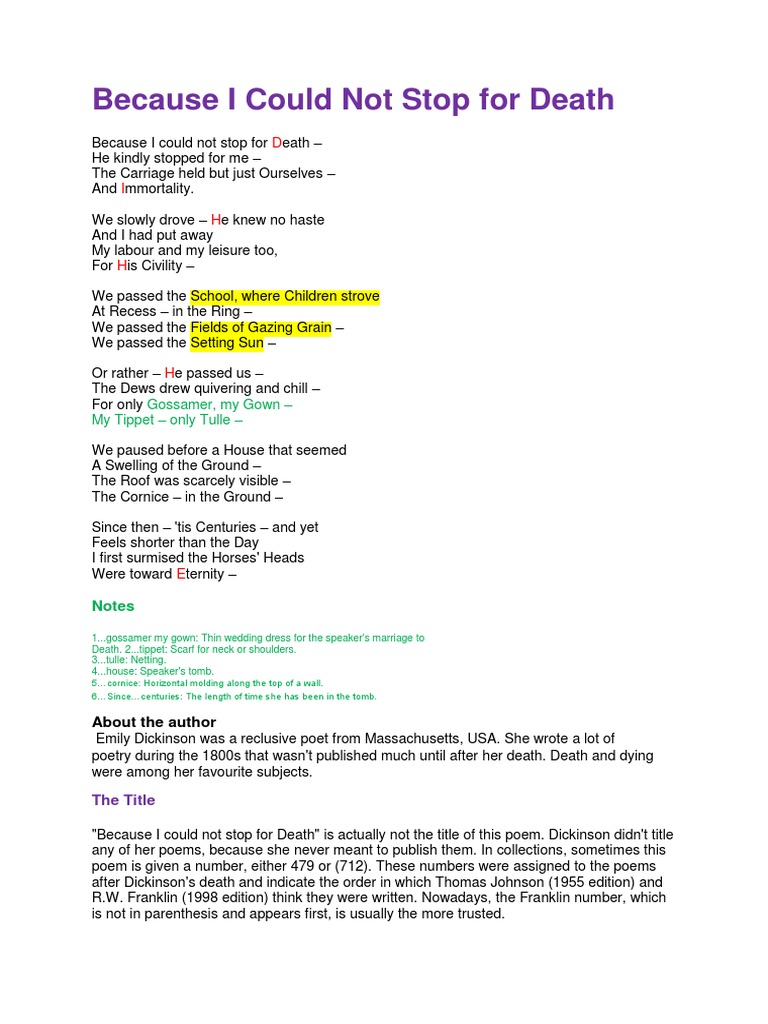 Poem 4 Engl Fal GR 12 Because I Could Not Stop For Death | PDF