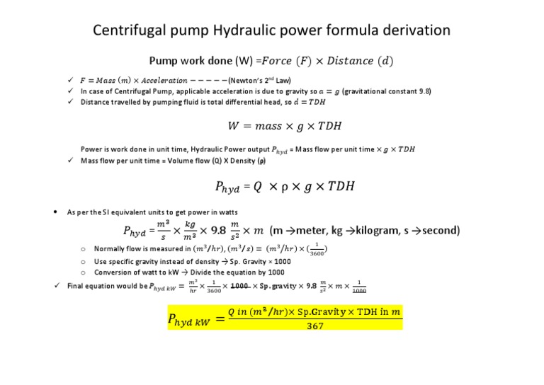 Centrifugal Pump Hydraulic Power Formula Derivation | PDF