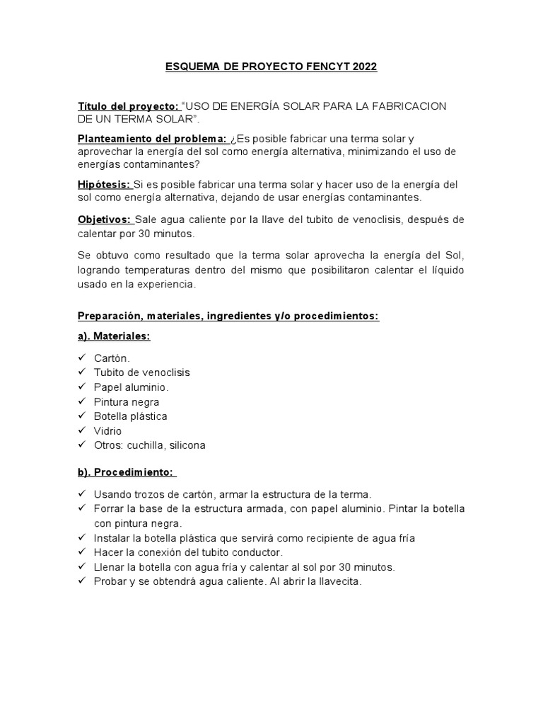 Esquema de Proyecto Fencyt 2022 | PDF | Energía solar | Agua