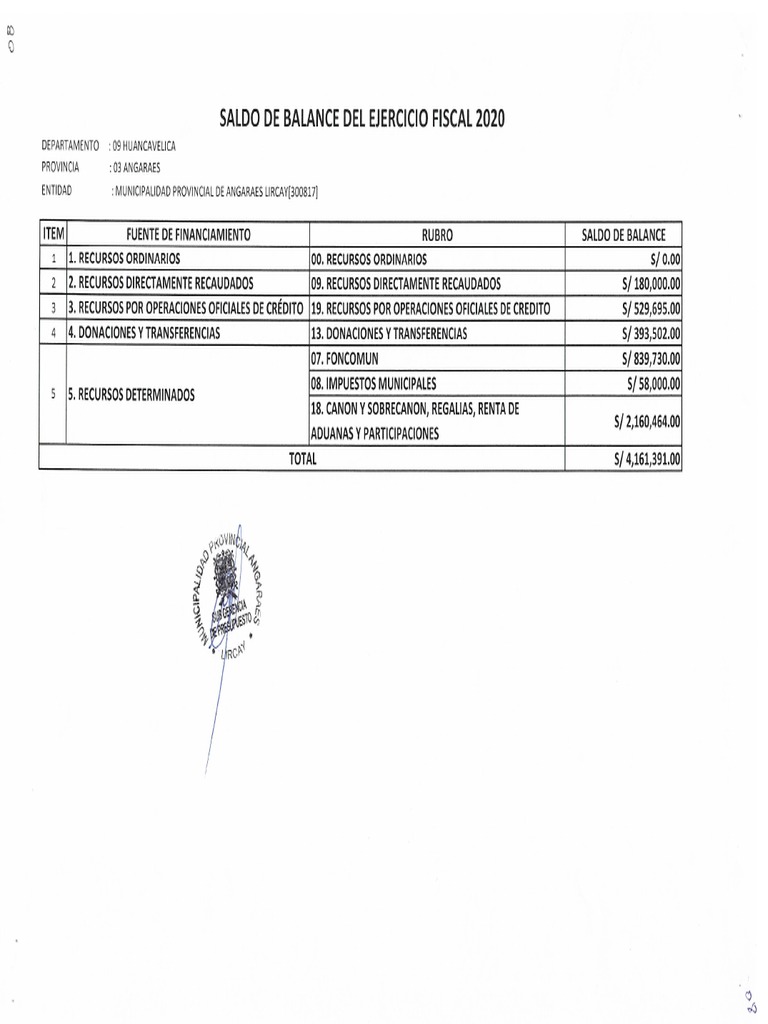 Saldo de Balance 2020 | PDF
