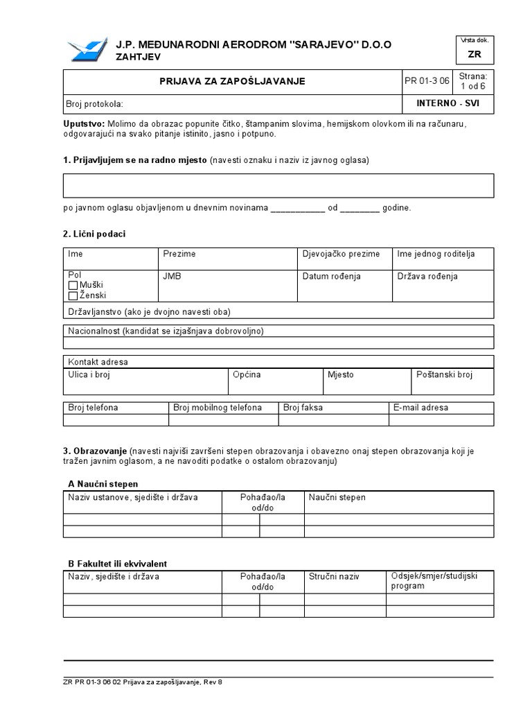 ZR PR 01-3 06 02 Prijava Za Zaposljavanje Rev 8 | PDF
