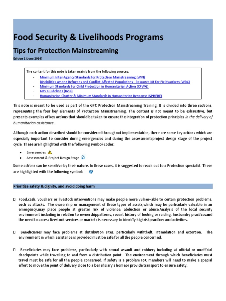 Protection Mainstreaming Tip Sheet - FSL Programs | PDF | Food Security | Securities