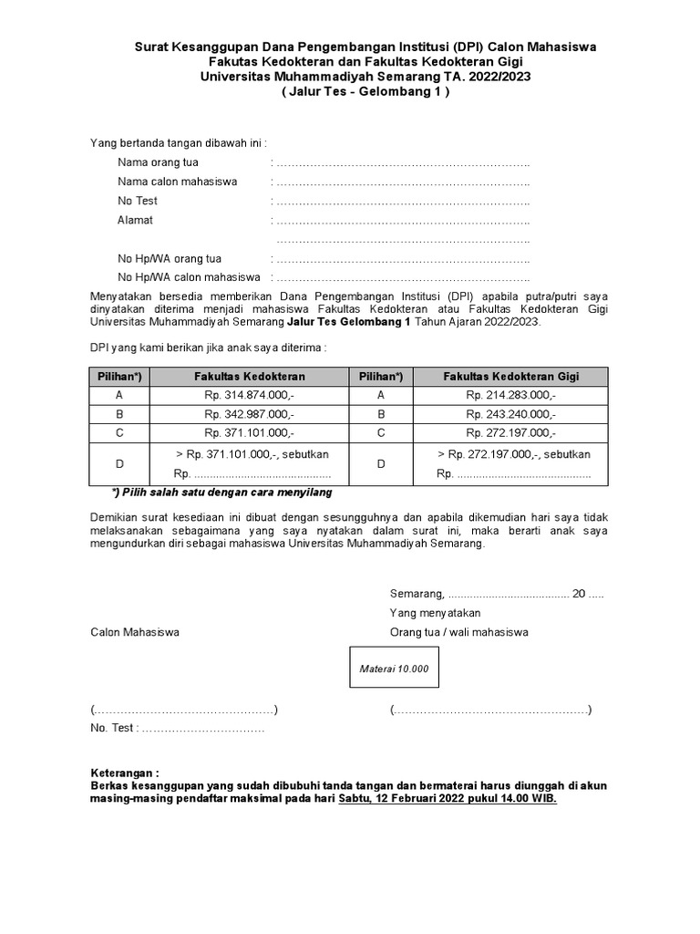 Form Kesanggupan DPI Tes Gel1 2022 2023 | PDF